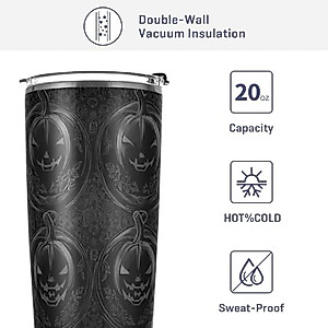 Amooorous Pure Black Evil Halloween Pumpkin Stainless Steel cup with lid with Lid and Straw 20oz coffee mug for coffee aesthetic insulated tumbler botellas para agua termica 20oz