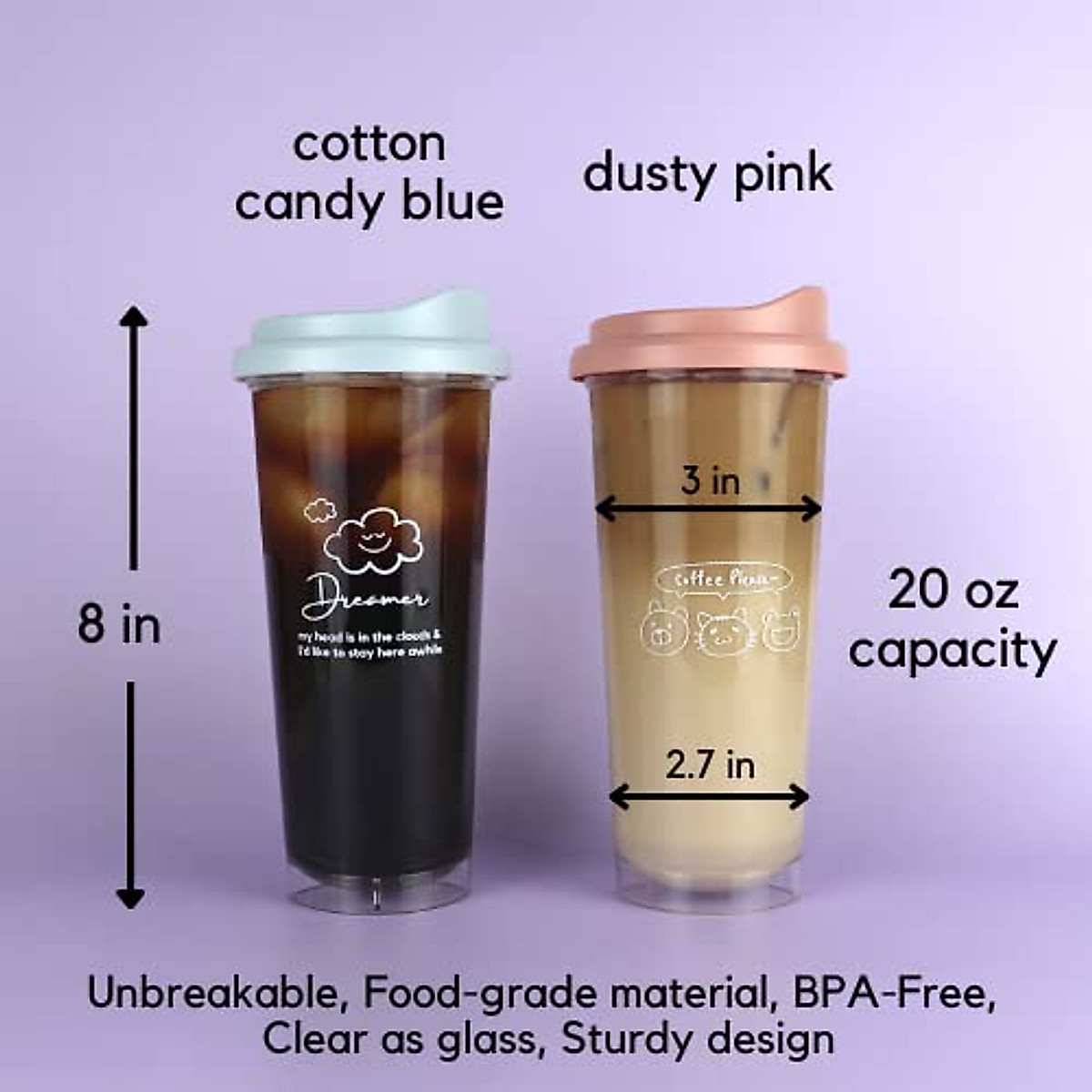ggümm studio 2-PACK of 20oz Plastic Coffee Cup with Lid, BPA-free Ice Coffee Cup, Reusable Cup Set for Iced Coffee