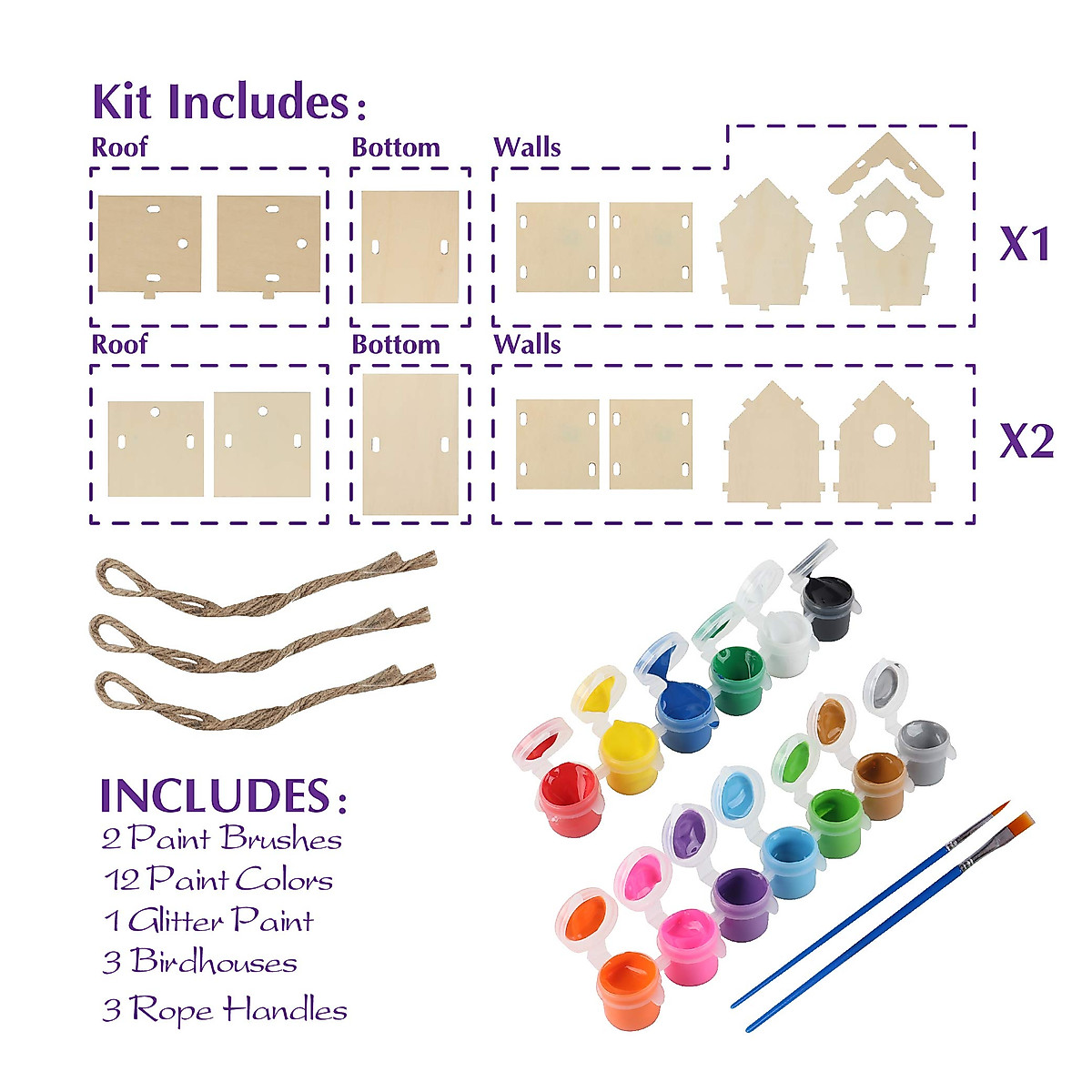 DIY Bird House Kit for Kids, Build Your Own Bird House Kit for Children, Includes 3 Unfinished Birdhouses to Paint and Build, Ropes, 12 Paints, Glitter Paint, and 2 Brushes, Arts and Craft Kids Set