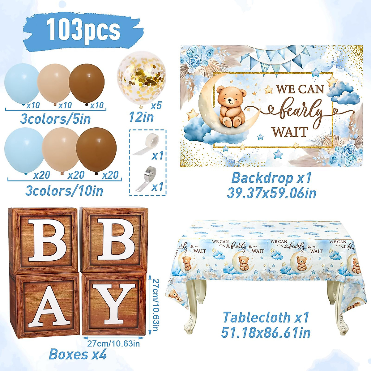 DataMoon We Can Bearly Wait Baby Shower Decorations - Baby Boxes with Letters,Boho Balloons,We Can Bearly Wait Backdrop,Tablecloth for Teddy Bear Baby Shower,Birthday Supplies,Gender Reveal