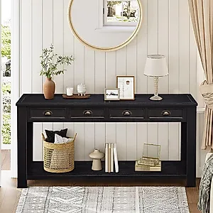 HLXZN Console Table for Entryway, 60 Inch Sofa Table Narrow Long Hallway Table Entryway Table w/4 Drawers and Bottom Shelf for Living Room Entryway Home, Black