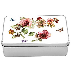 Ambesonne Flower Tin Box, Shabby Form Roses Buds Leaves Tulips Floral Details Butterfly Natural Eco Print, Portable Rectangle Metal Organizer Storage Box with Lid, 7.2" X 4.7" X 2.2", Green Rose