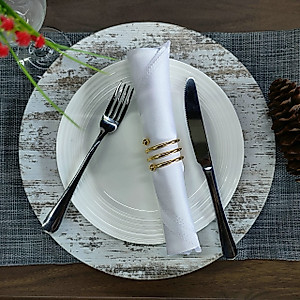 JRHCGH 13" Round Faux Wooden Charger Plates,Chargers For Dinner Plates Set Of 6, Antique Plastic Plates Bulk Wedding,Elegant Decor Place For All Occasions (White)