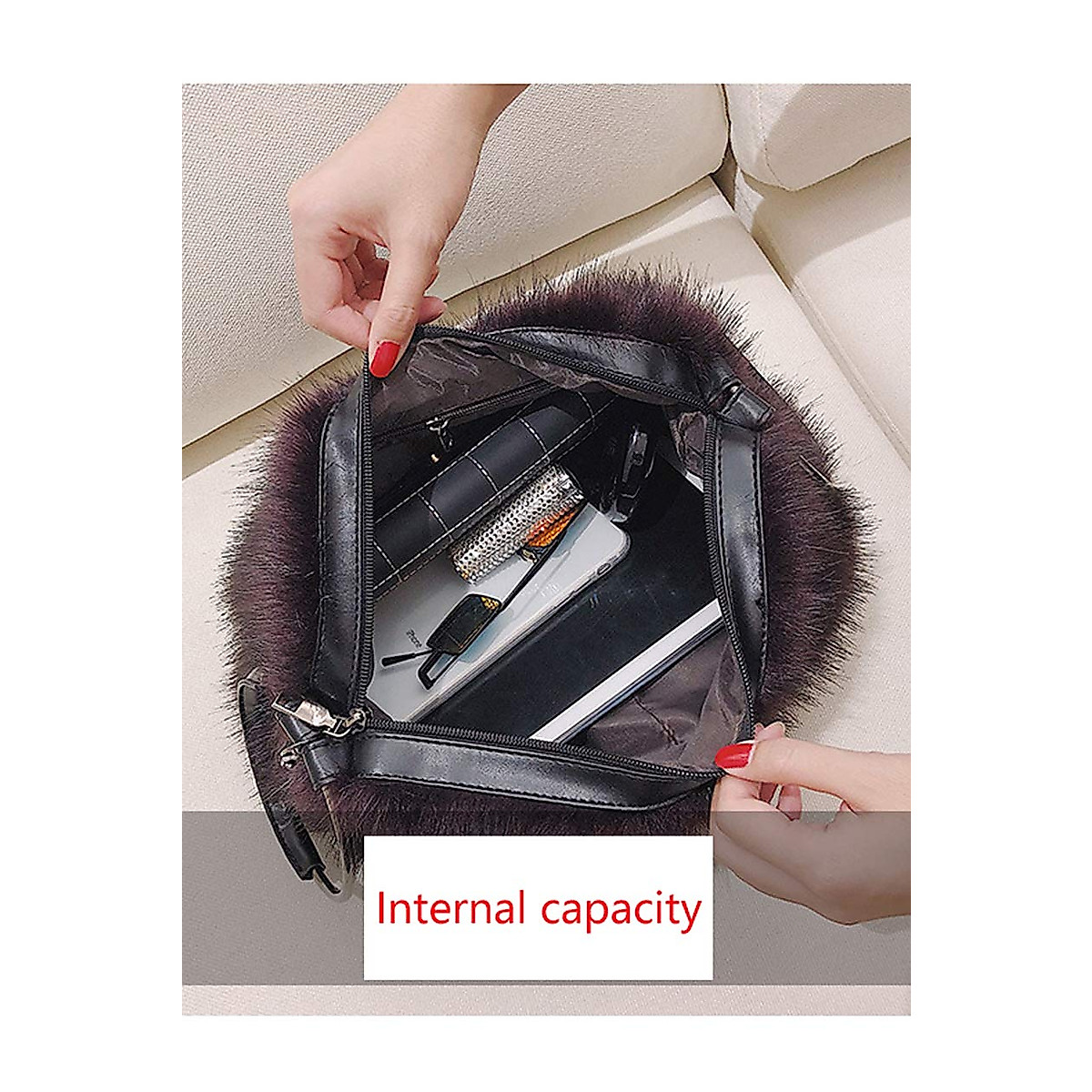 Ulisty Women Faux Fox Fur Shoulder Bag Furry Purse Fluffy Crossbody Bag Plush Top Handle Bag Handbag black