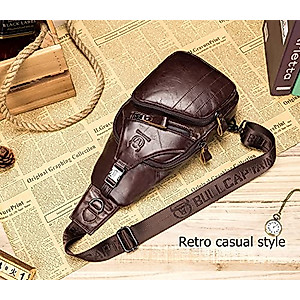 BULLCAPTAIN Men Sling Chest Bag Genuine Leather Casual Multipurpose Crossbody Shoulder Backpack Travel Hiking Daypack (Brown)