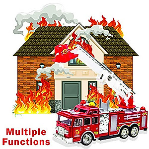 Toysery Remote Control Fire Truck Toy, Realistic Rc Trucks Toddler Toys, Siren Head Toy with Vivid Lights, Bump and Go Red Fire Trucks for Kids, Big Fire Truck with Extending Fire Ladder