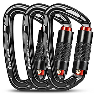 FresKaro 25kn Climbing Carabiners Double Locking Carabiner Clips, Heavy duty carabiner for Rock Climbing, Rappelling, hunting, or survival gear kit, gym equipment, Cerfified UIAA Carabiner Black