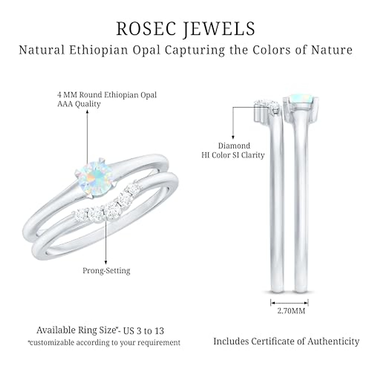 Certified Opal Diamond Wedding Ring Set, AAA Quality, Natural Rainbow Opal Engagement Ring with Enhancer, 14K White Gold, Size:US 12.00