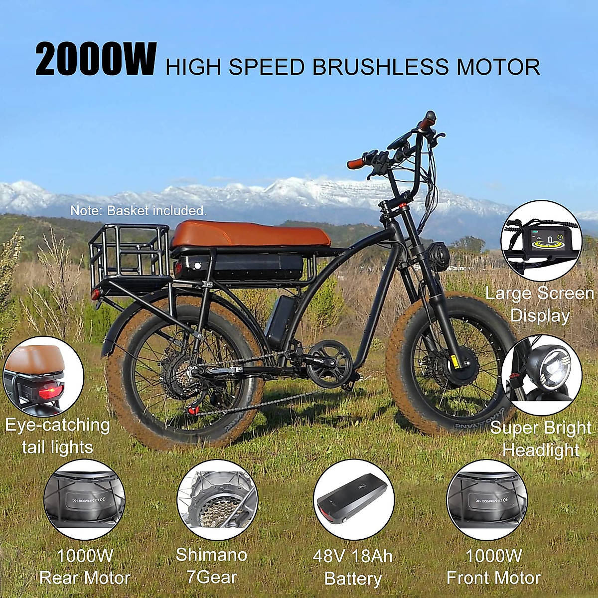Accinouter SMLRO E5 Plus Electric Bike for Adults 20" x 4.0 Fat Tire with 2000W Dual Brushless Motor, 45 KM 30MPH Shimano 7 Speed MTB, 48V 18Ah Removable Battery, Cargo Bike