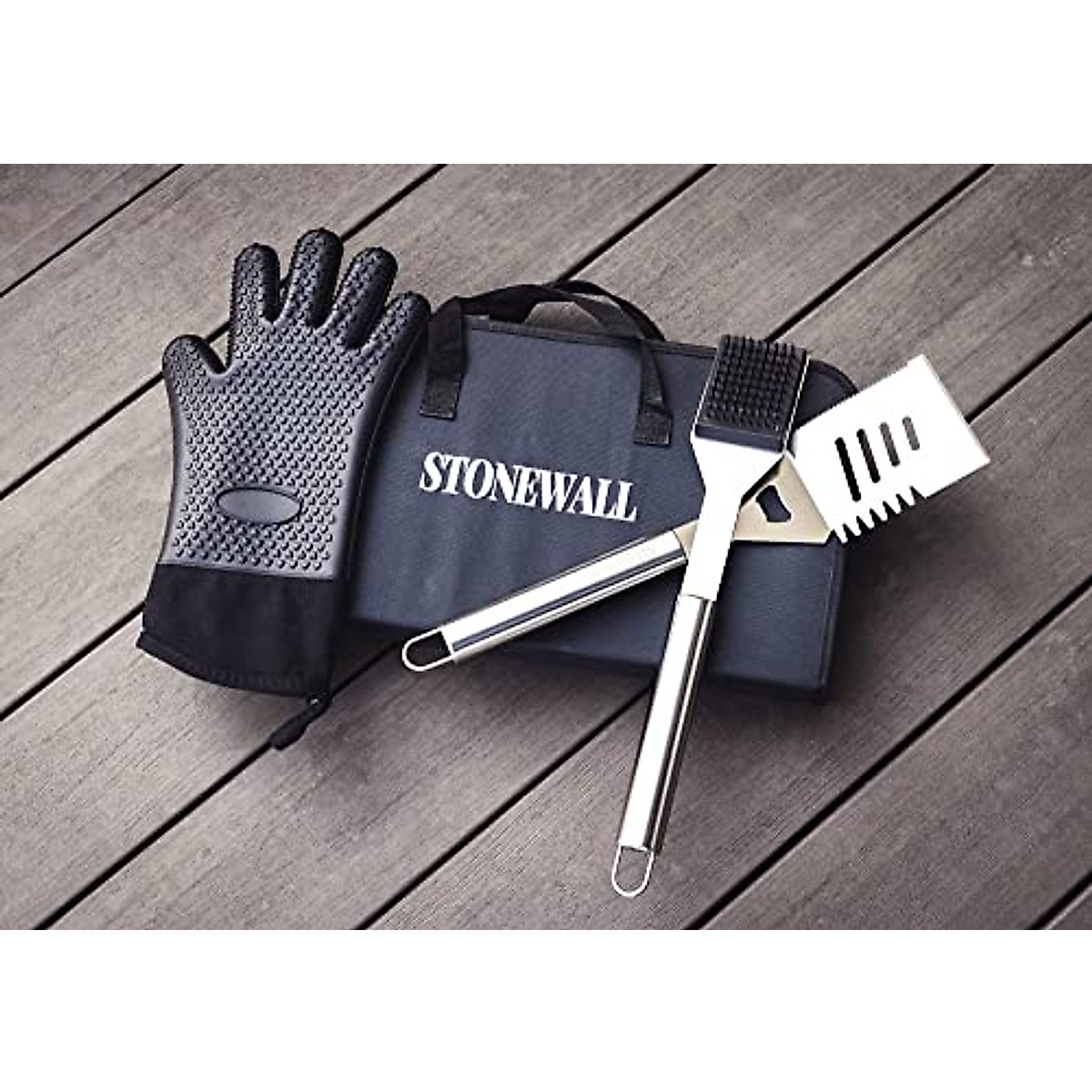 Stonewall Barbecue Grill Tool Set - Stainless Steel - Strong Durable Design - Heat Resistant Glove & Utensils - Thermometer, Meat Injector, Kebabs, & Corn Skewers - Perfect for Smokers & Grills