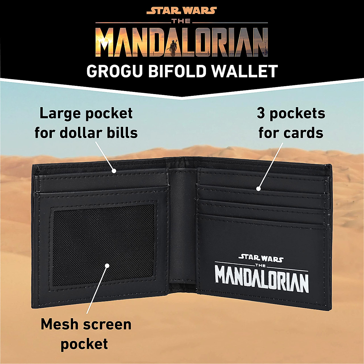 Concept One Star Wars Grogu Wallet, The Mandalorian Slim Bifold Wallet with Decorative Tin Case, Black and Green
