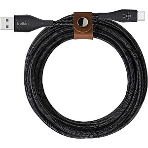 Belkin DuraTek Plus USB C to USB Cable - USB-A Cable W/ Leather Strap - Ultra-Strong Charging Cable W/ Flexible Insulation - Compatible W/ iPads, Samsung Galaxy, Google Pixel & More - 4ft (Black)