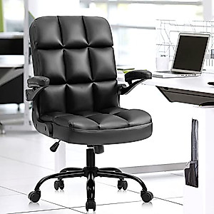 SEATZONE Executive Office Chair Black Leather Computer Desk Chair with Flip Armrest Desk Chairs with Wheels Swivel Chair Adjustable Backward Tilt Office Chairs