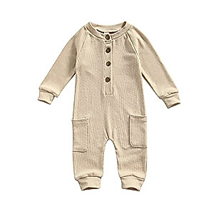 Newborn Baby Girl Boy Clothes Casual Jumpsuit Unisex Infant Solid Color Long Sleeve Romper with Pockets (Khaki, 6-9 Months)