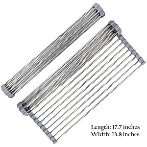 Hhyn Roll-Up Sink Drying Rack 17.7"(L) x 13.8"(W) - Multipurpose Heat Resistant Over The Sink Stainless Steel & Silicone Dish Drying Rack Rollable Kitchen Dish Drainer, Gray