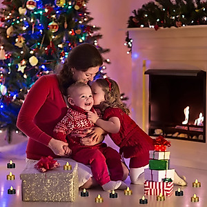 Mudder 48 Packs Valentine's Day Glitter LED Tealights Flameless Candles Battery Operated Votive Tea Lights with Warm Yellow Light for Wedding Centerpieces Table Anniversary Party(Gold, Black)