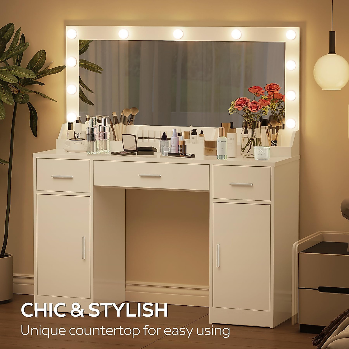 MIRROTOWEL 47.5” Vanity Desk with Large Mirror, 3 Colour Lighting Modes, Adjustable Brightness, Dresser with 3 Drawers & 2 Vertical Cabinets, Makeup Vanity Table for Women Girls White