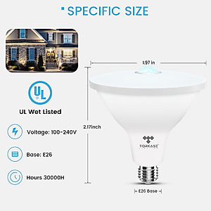 Torkase Upgraded Motion Sensor Light Bulbs, Outdoor Security PAR38 Flood LED Light Bulbs with Light Sensor,E26 Movement Activated 5000K Daylight, 20W 2000LM-150W Equivalent, for Indoor-Outdoor, 2 Pack