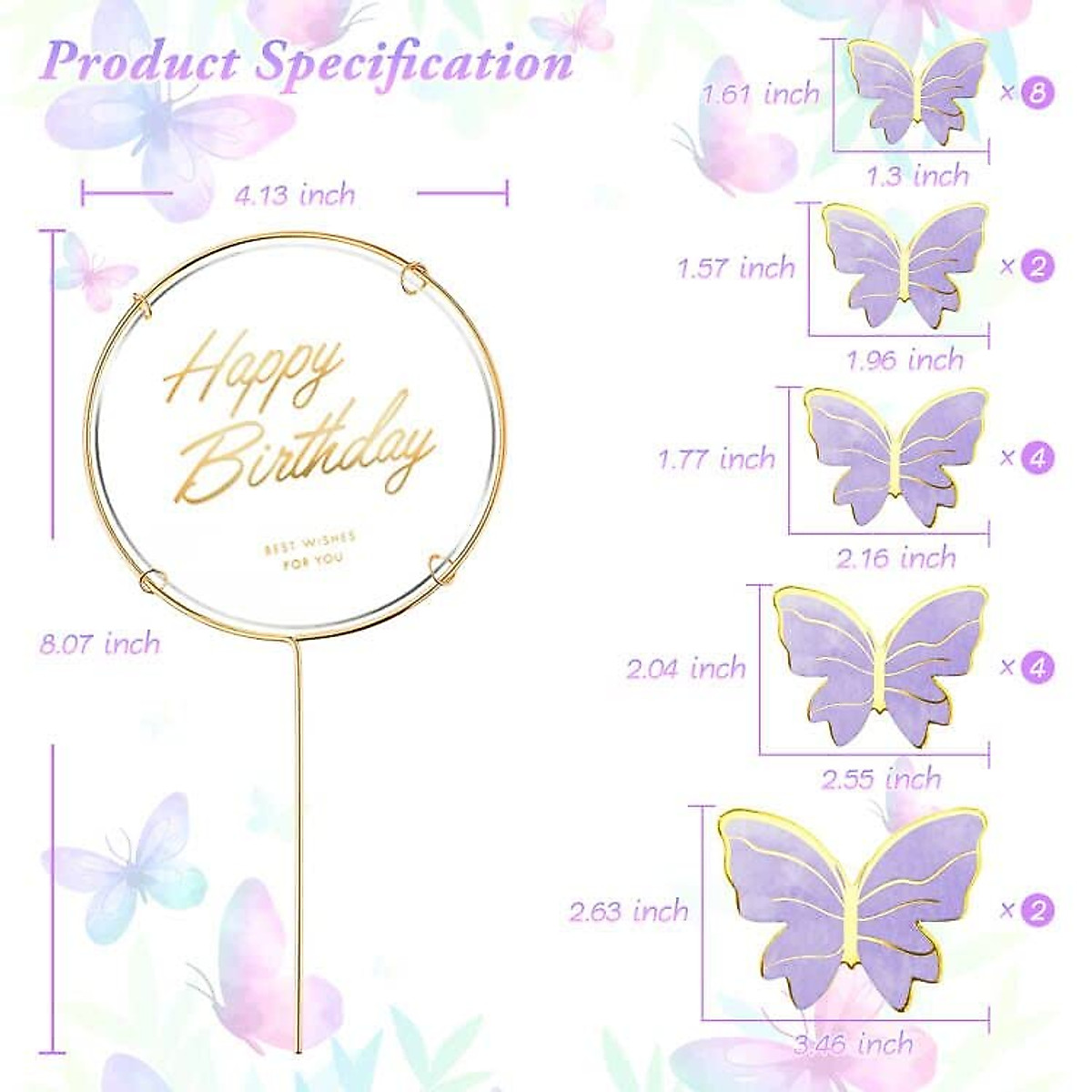 13 Pieces Butterfly Cake Toppers With Happy Birthday Cake Toppers 3D Pink Gold Butterfly Cake Decorations for Girls Women's Birthday Party Wedding Cake Decor Baby Shower (Purple)