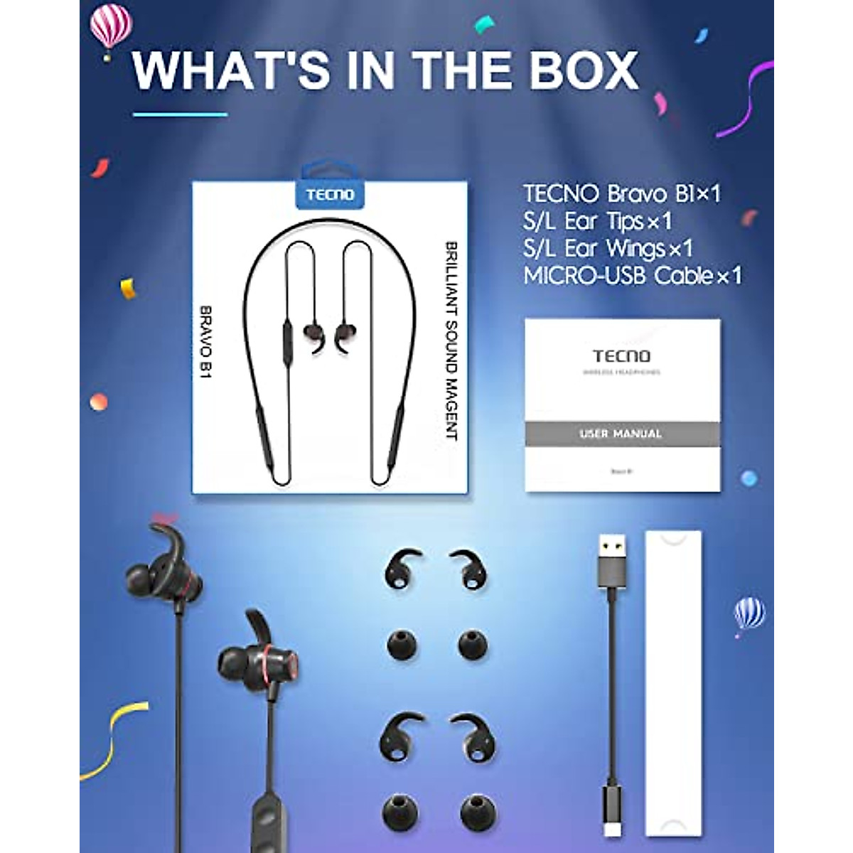 Tecno B1 Bluetooth Headphones, Bluetooth Earbuds Wireless with 38Hrs Playtime, Wireless Bluetooth Headphones for Sports, Sweatproof & IPX5 Waterproof Wireless Headphones（Black）