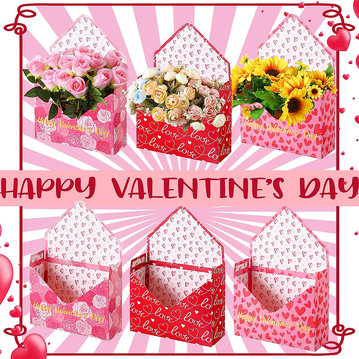 Noveread 18 Pcs Valentine's Day Flower Boxes for Arrangements Floral Envelope Boxes Bouquet Box 9 x 13 x 3 Inch 3 Styles Flower Arrangement Paper Box Valentine's Day for Wedding Party Valentine's Day