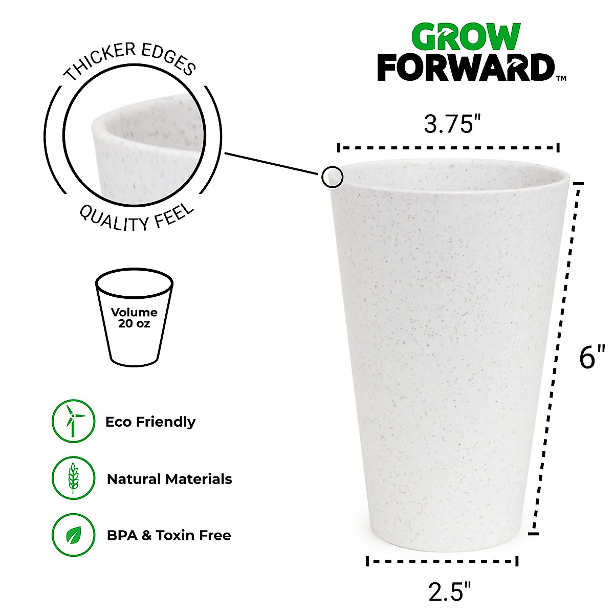 Grow Forward Premium Wheat Straw Cups - Set of 8 Unbreakable BPA Free Reusable Hard Plastic 20 oz Drinking Glasses for Water, Camping, RV - Large Tumblers for Kitchen - Midnight