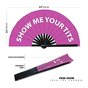 Show me your Tits hand fan foldable bamboo circuit hand fan funny gag slang words expressions statement gifts Festival accessories Rave handheld Circuit event fan Clack fans (Pink)