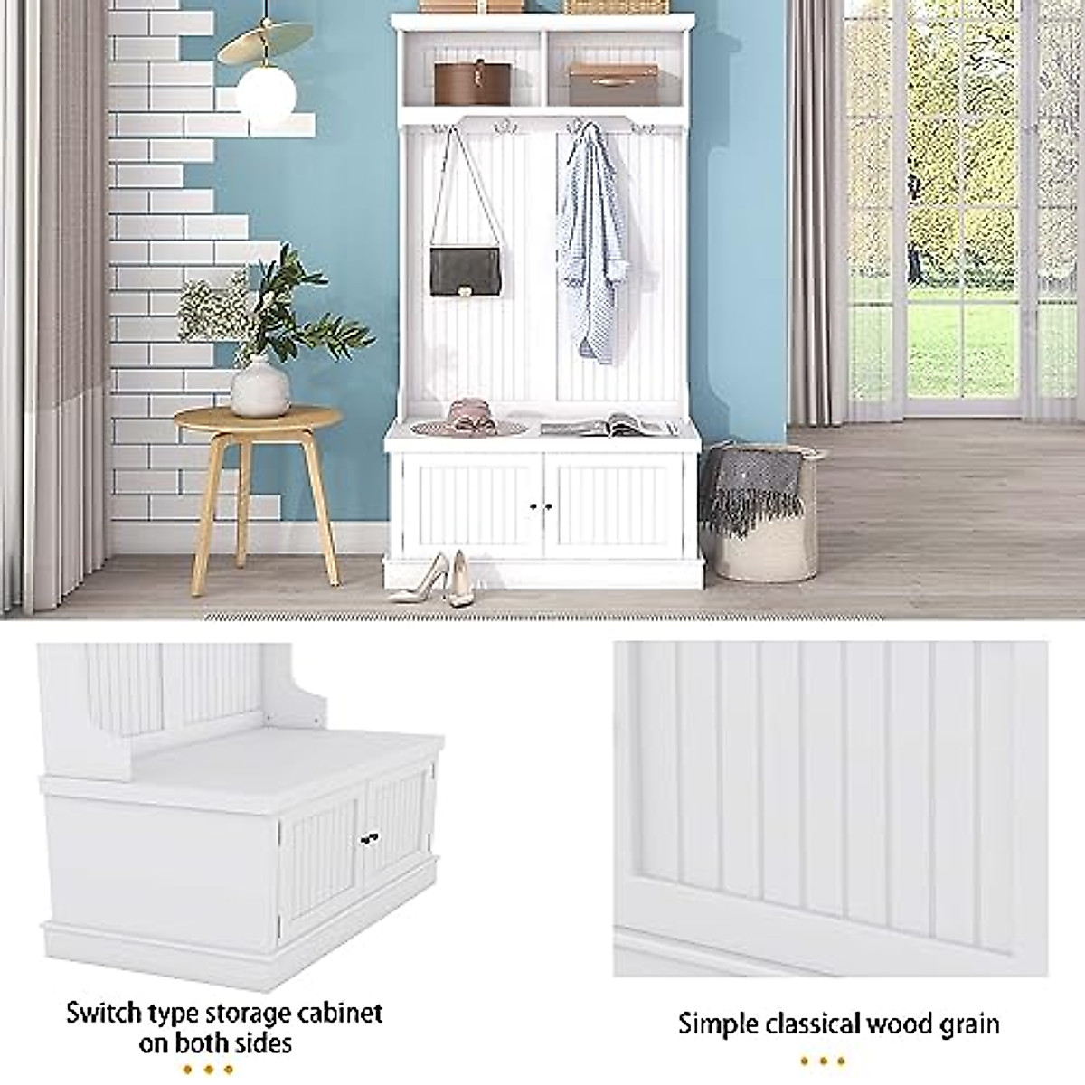 HomSof Hall Tree with Storage Shoe Bench for Entryway and Hallway,4-in-1 Design Coat Racks with 4 Hooks for Living Room,White