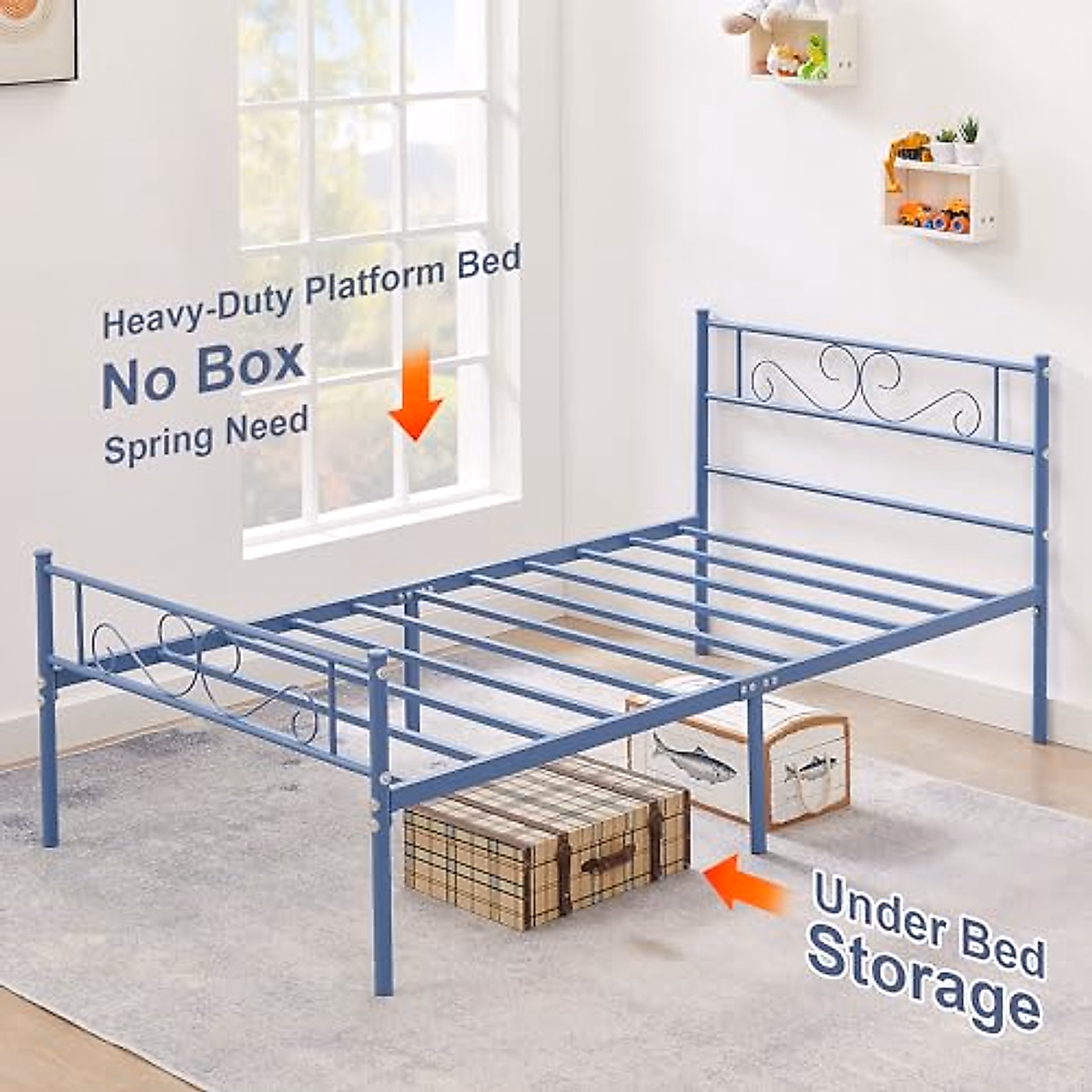 VECELO Twin Size Bed Frame with Headboard, 14 Inch Metal Platform Mattress Foundation, No Boxing Spring Needed, Squeak Resistant, Easy Assembly, Sky Blue