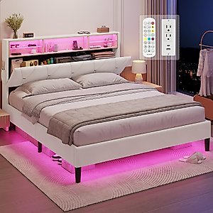 HAUOMS LED Full Bed Frame with Type-C & USB Charging Station, Full Size Bed Frame with Storage Headboard, Modern Velet Upholstered Platform Bed with Shelf Headboard, Noise-Free, Creamy White