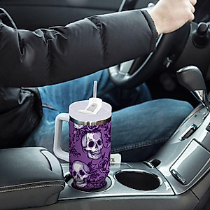 40 oz Car Tumbler Cup with Handle and Straw Lid for Water,Iced Tea or Coffee Purple Rose Skull Travel Mug Home Work Office Stainless Steel Water Bottle