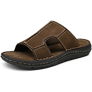 Jousen Sandals for Men Leather Slip on Mens Sandals Outdoor Men's Beach Slide Slippers(AMY2005A Dark Brown 12)