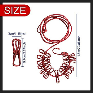 Sihuuu Portable Travel Clothesline Adjustable Elastic Travel Camping Retractable Clothes line with 12 PCS Clips for Travel Outdoor Indoor(Red)