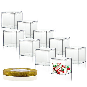 20 Pcs Clear Plastic Square Cube, 2.16x2.16x2.16" Small Acrylic Plastic Storage Box with Lids Transparent Clear Square Containers Display Boxes Gift Box with Glitter Ribbon for Candy Pill Jewelry Christmas