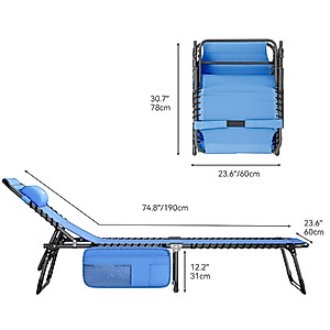 YITAHOME Patio Lounge Chair, Portable Reclining Chairse Lounge Folding Camping Cot 5 Posistion Adjustable w/Head Pillow & Portable Handbag for Camping, Pool, Beach and Patio, Blue