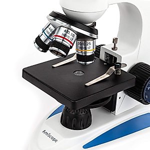 AmScope M158C-PS25-WM Cordless Compound Monocular Microscope, WF10x and WF25x Eyepieces, 40x-1000x Magnification, LED Illumination with Rheostat, Brightfield, Single-Lens Condenser, Coaxial Coarse and Fine Focus, Plain Stage, 110V or Battery-Powered, Incl