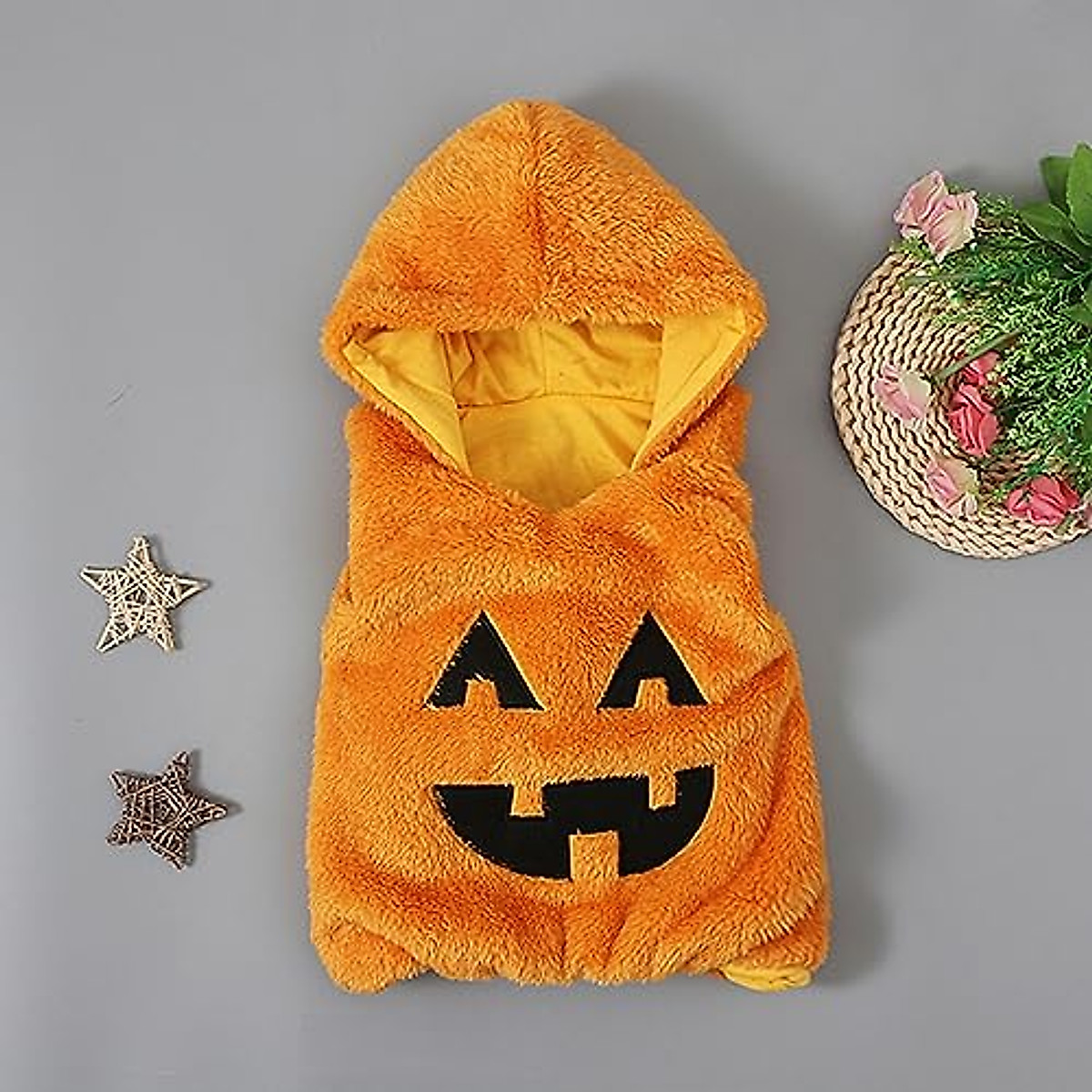 FreshBeautiCity Baby Pumpkin Costume Halloween Cartoon Print Fuzzy Sleeveless Hood Cosplay Clothes For Toddler Boys Girls