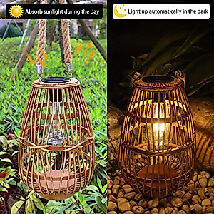 Outdoor Solar Lantern Hanging Lights - Natural Rattan Solar Lantern with Handle, Large Waterproof Led Decorative Garden Lights, Bright Rattan Solar Table Lamp for Yard Patio Wedding Home Decoration