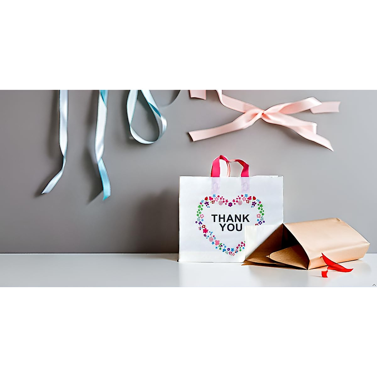 50Pcs Beige Thank You Bags for Small Business,Boutique Bags with Soft Loop Handle,Plastic Christmas Bags,Size:15"x12"x3"（38 * 30 * 8CM 2.8 Mil