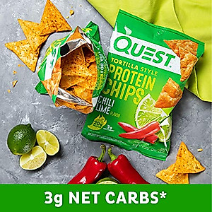 Quest Nutrition Chili Lime Tortilla Style Protein Chips, 20g Protein, 3g Net Carbs, Low Carb, Gluten Free, 1.1 oz (Pack of 12)