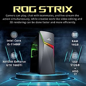 ASUS ROG Gaming Desktop, Intel Core i5-11400F Processor, 16GB DDR4 RAM, 512GB PCIe SSD, NVIDIA GeForce GTX 1660TI 6GB DDR6, WiFi 6, Win 11, Grey, 32GB Hotface USB Card