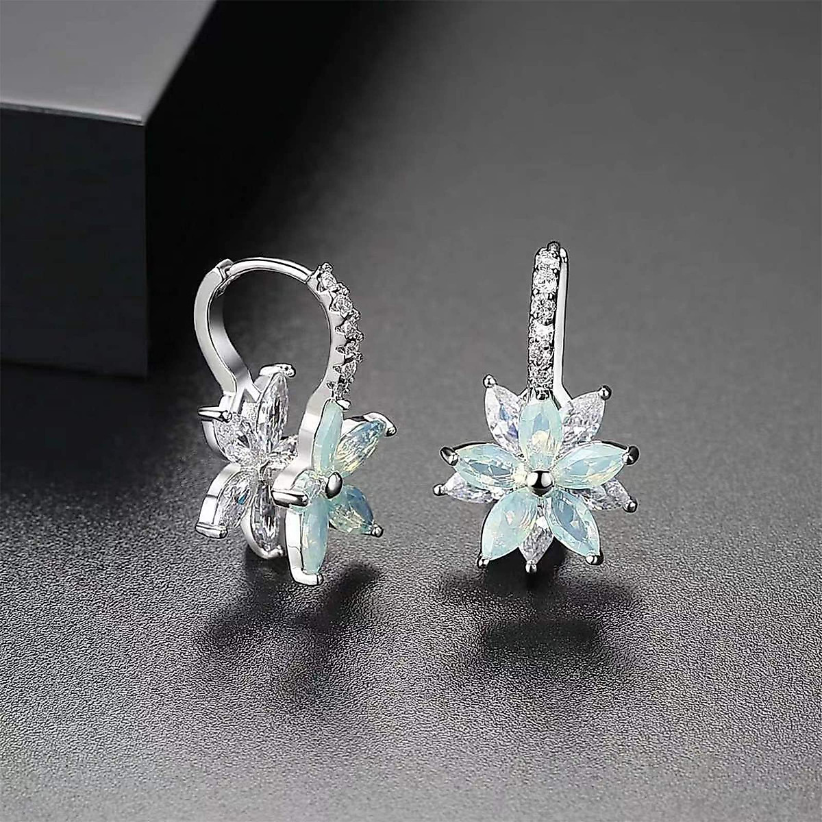 Flower Earrings for Women 18K White Gold Plated Flower Leverback Earrings Flower Dangle Drop Earrings|Green|Pink|Yellow|Blue, 0.87‘’X0.53''