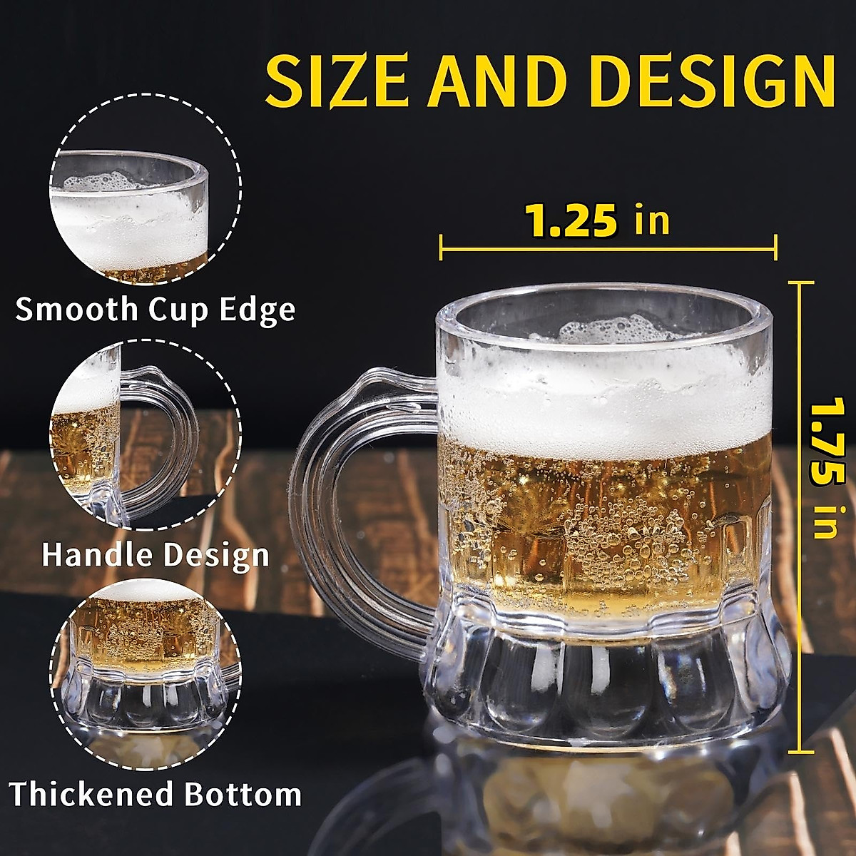 YAXINRUI Mini Beer Mug Shot Glasses, 1 oz Beer Shot Glasses Plastic Beer Mug Shot Beer Tasting Glasses for Beer Fest, Birthday Weddings Party Supplies, BBQ and Picnics (1.75'' Tall, 12 Pieces)