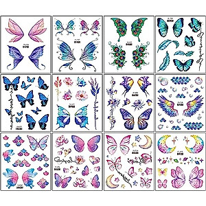 Konsait 12 Sheets Glitter Butterfly Temporary Tattoos for Women Girls Butterfly Face Tattoos for Women Eye Sticker Fairy Makeup Kids Tattoos Temporary For Girls Fairy Princess Party Favors