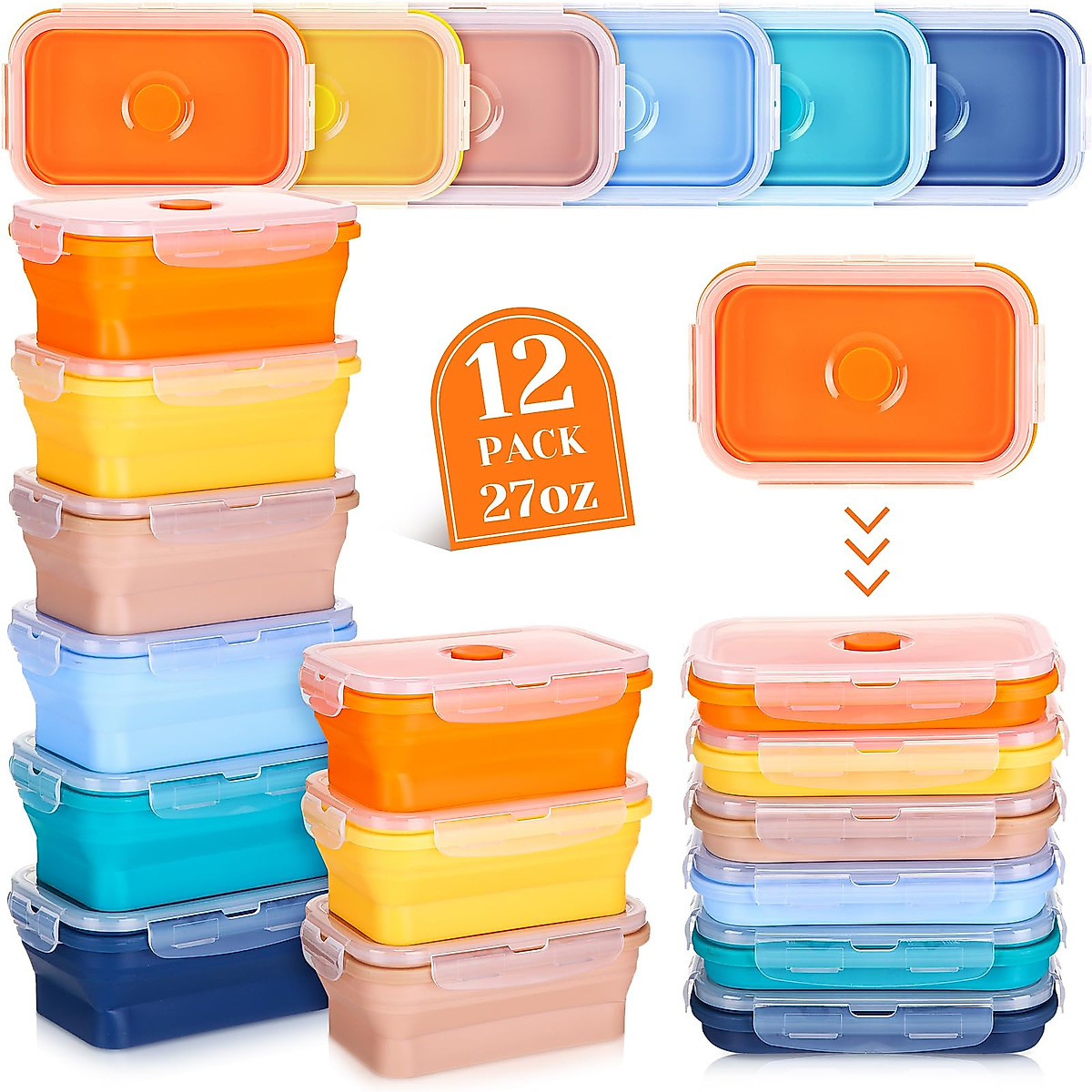 12 Pcs Collapsible Food Storage Containers Silicone collapsible Lunch Box with Clear Lid Square Food Containers Bowls Kitchen Stackable Lunch Box for Pantry Organization Microwave Freezer Safe (27oz)