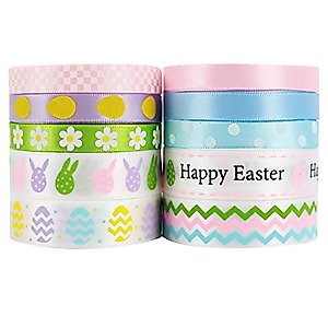 Llxieym Easter Ribbon Egg Bunny Flower Satin Ribbon Fabric Wrapping Gift Ribbon for Easter Decoration DIY Craft, 10 Rolls (Color 1)