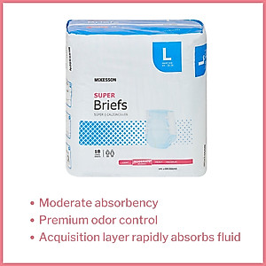 McKesson Super Briefs, Incontinence, Moderate Absorbency, Large, 18 Count, 4 Packs, 72 Total