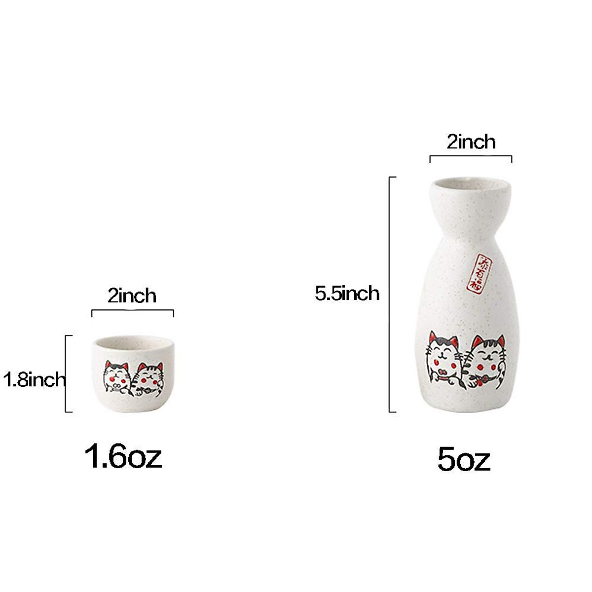 Mozacona Ceramic Lucky Cat Japanese Sake Set,1 Tokkuri Bottle and 4 Ochoko Cups