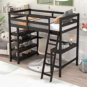 Bellemave Twin Loft Bed with Desk & Shelves for Teens Adults, Wood High Loft Bed Frame with Bookcase & Angle Ladder for Kids Boys Girls, Full-Length Guardrail, Twin Size, Espresso