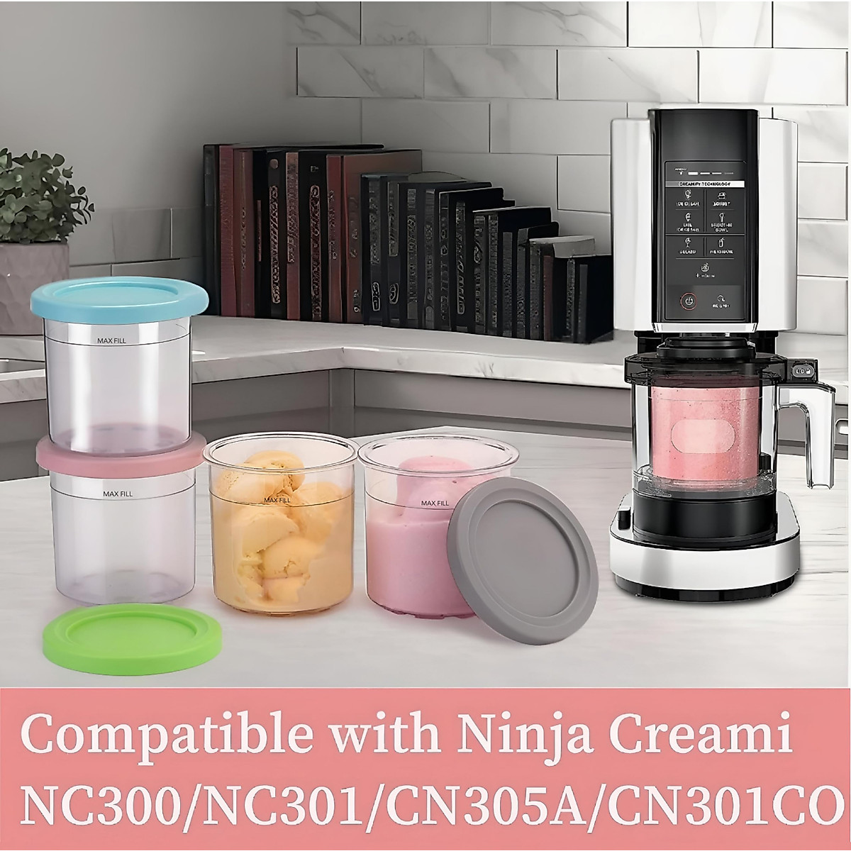Ninja Creami Pints and Lids - 4 pack, Ninja creami breeze Compatible with NC299AMZ & NC300s Series, ice cream containers for homemade ice cream, Ninja Creami breeze containers ShieldXperts